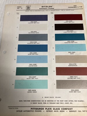 1961 OLDSMOBILE AUTOMOTIVE P.P.G., DITZLER Exterior Paint Color Chip ...