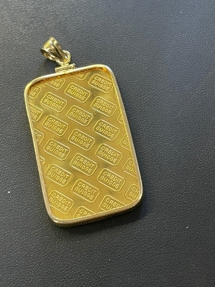 Credit Suisse 1ozt. .9999 Fine Gold Bar in 14kt Yellow Gold Bezel, 4mm ...