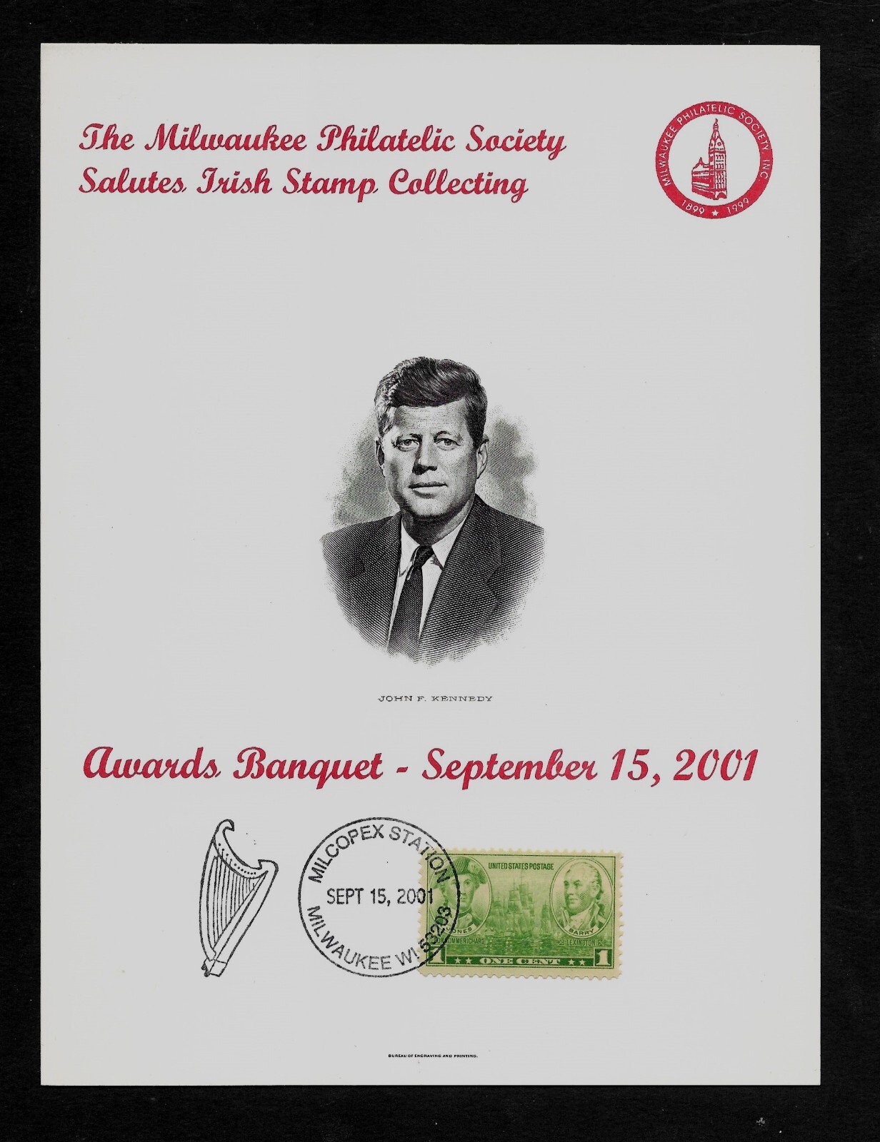 BEP TREASURY PRESIDENT JF KENNEDY AWARD MILCOPEX OVERPRINT SOUVENIR ...
