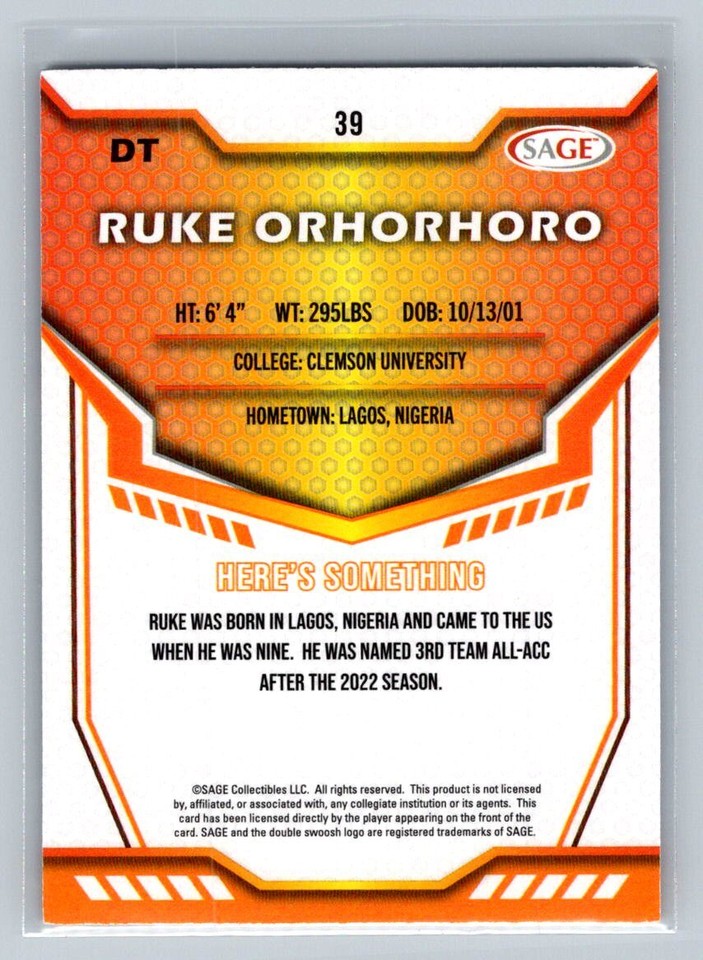 Ruke Orhorhoro #39 2024 SAGE HIT Low Series Clemson Tigers | eBay