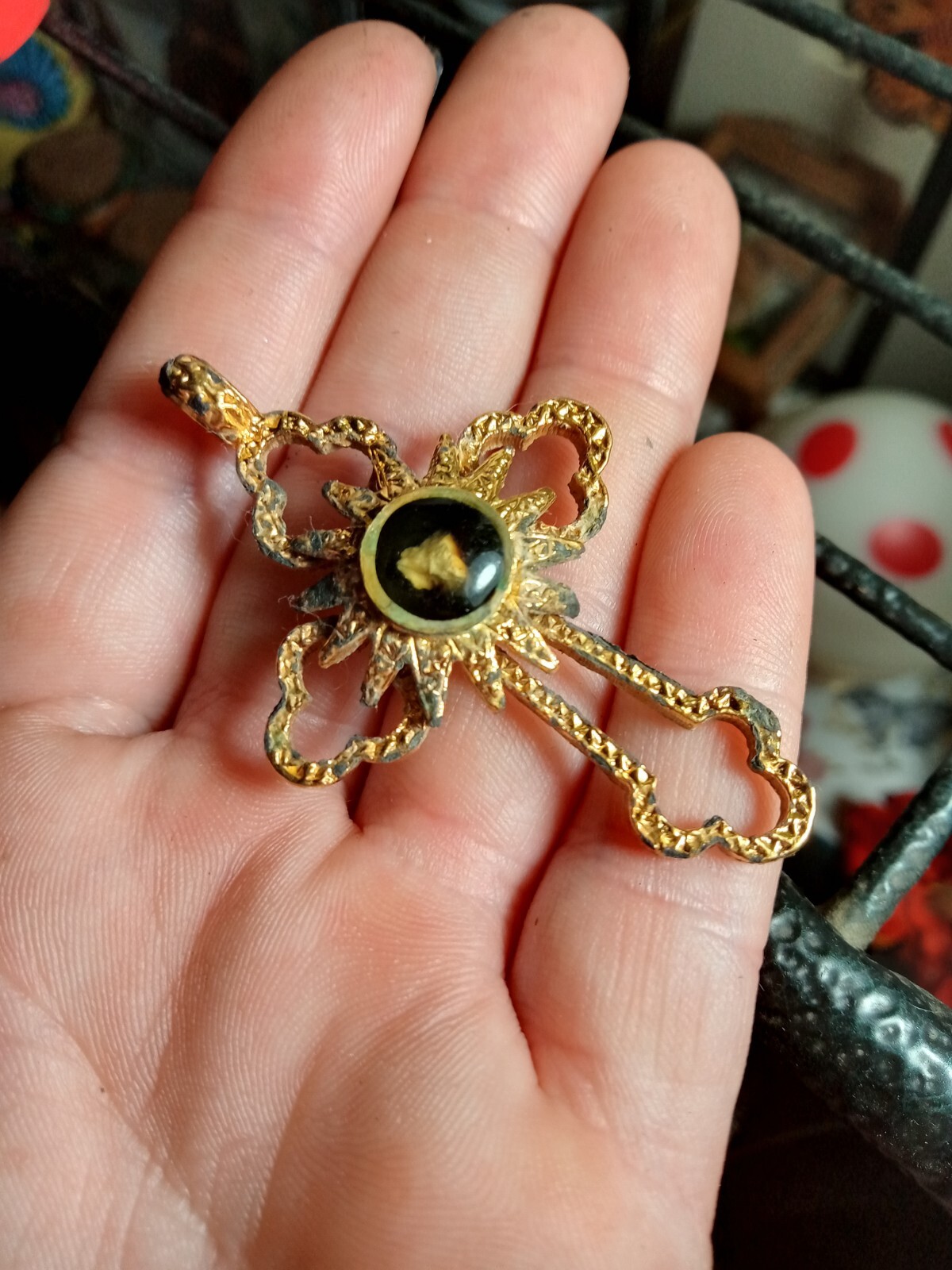 Vintage Nativity Stone Relic Christian Cross Ornate Pendant Gold Tone ...