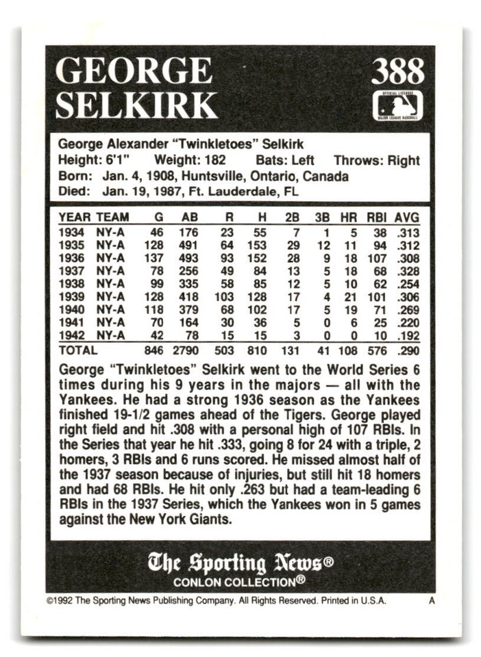 George Selkirk 1992 Conlon Collection TSN Baseball #388 New York ...