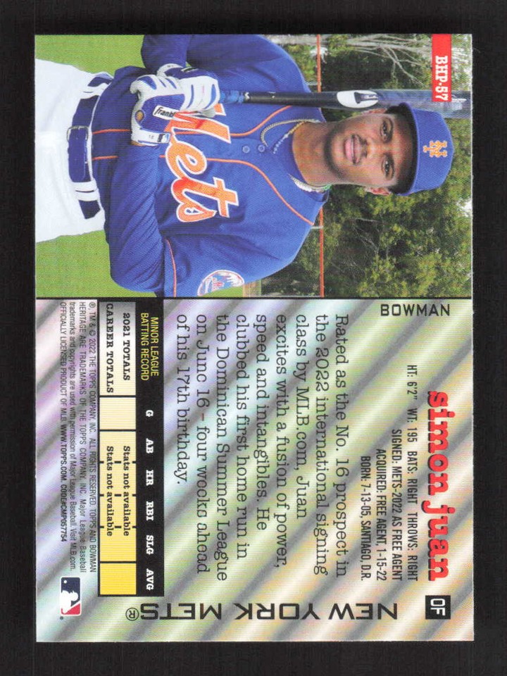 Simon Juan 2022 Bowman Heritage Prospects New York Mets #BHP-57 | eBay