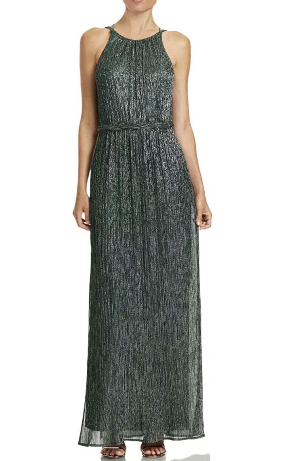 Halston Green Metallic Gown 4 High Neck Formal Dress - Gem