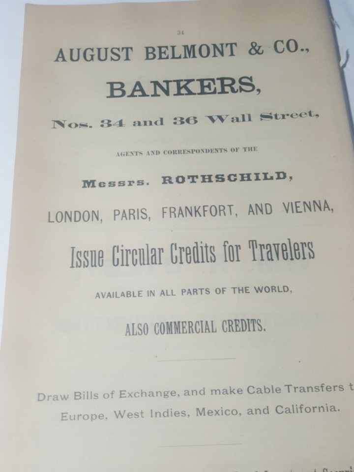 1887 railroad print ad AUGUST BELMONT & COMPANY BANKERS 34 Wall St NYC ...