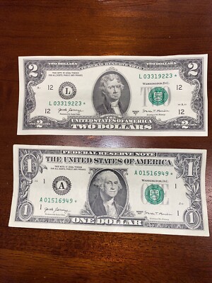 2 Star Notes: Error $2 And $1 Dollar Bills USD with Rare Miscut and ...