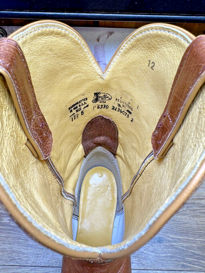 JUSTIN EXOTIC OSTRICH SQUARE TOE TEKNO CREPE SOLE 11.5B MENS COWBOY ...