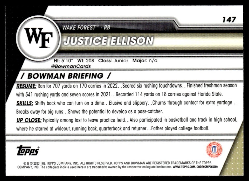 JUSTICE ELLISON 2023 BOWMAN UNIVERSITY CHROME RC WAKE FOREST DEMON ...