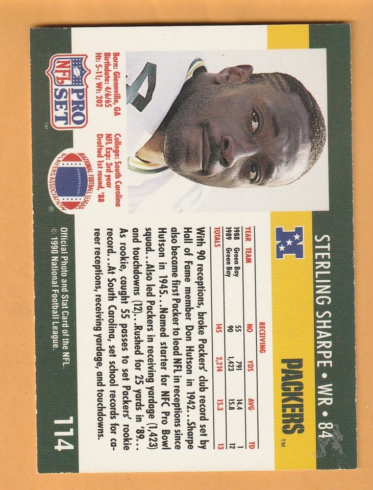 Sterling Sharpe Green Bay Packers 1990 Pro Set #114 South Carolina ...