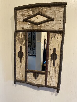 Primitive folk art mirror birchwood Handmade 18”x 11.5” | eBay
