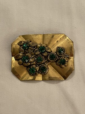 Vintage Gold Color Rectangle Pin with Green Round Crystals, Flower ...