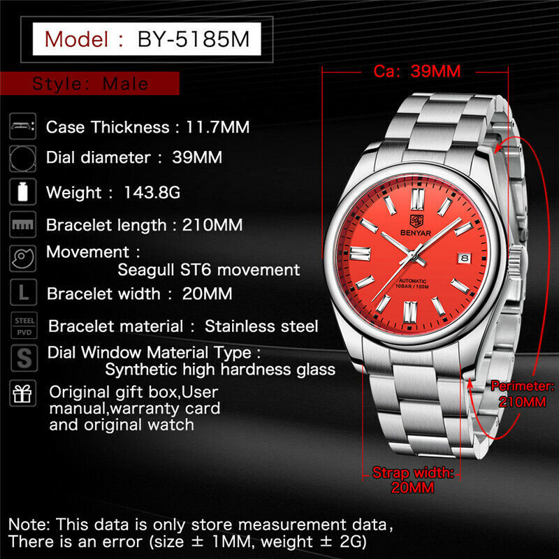 Benyar Automatic Mechanical Luxury Watch Stainless Steel Watches 100M ...