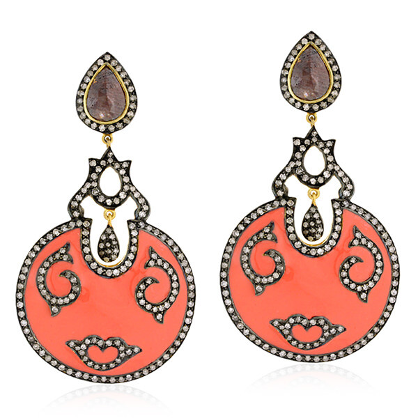 6.17ct Diamond Red Enamel Round Drop Dangle Earrings 925 Starling ...