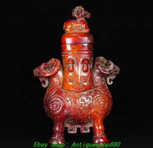 8.2"Old Chinese Dynasty Hetian Jade Carved Sheep Goat Head Bottle Vase ...