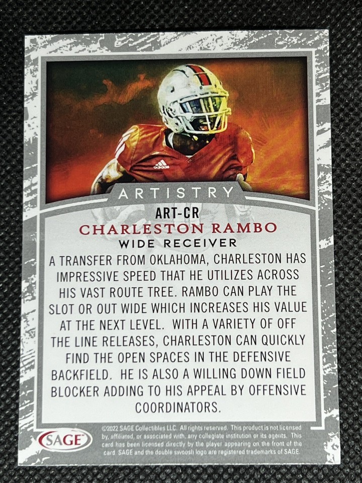 2022 Sage Hit Football CHARLESTON RAMBO RC #ART-CR SILVER ARTISTRY ...