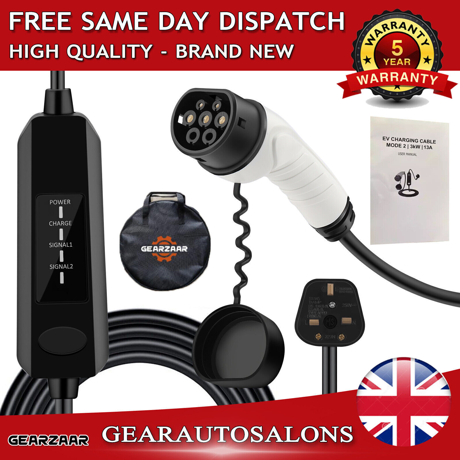 13A EV Charging Cable Type 2 UK Plug 3 Pin Electric Vehicle Car Charger ...