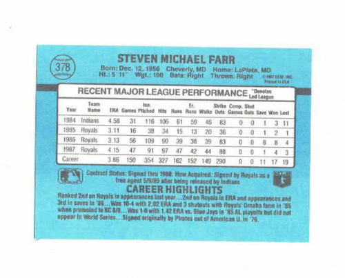 Steve Farr KC Royals Pitcher #378 Donruss 1988 Baseball Card | eBay