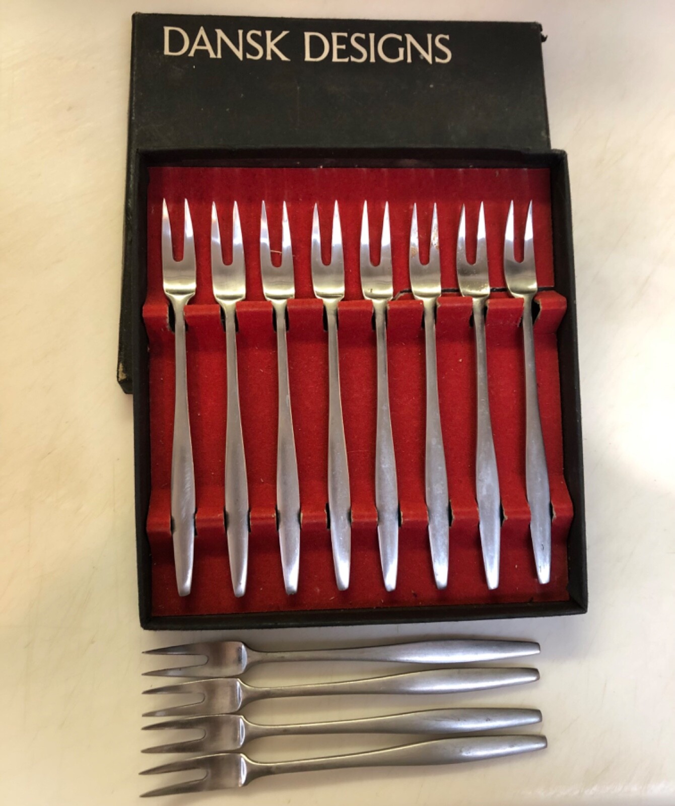 Set of 12 Vintage Dansk Designs Denmark Cocktail Forks & Original Box ...