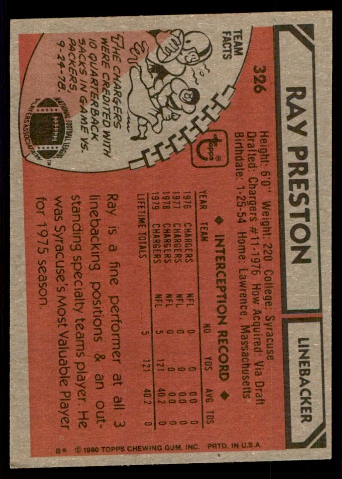 1980 Topps Ray Preston Football Card San Diego Chargers #326 | eBay