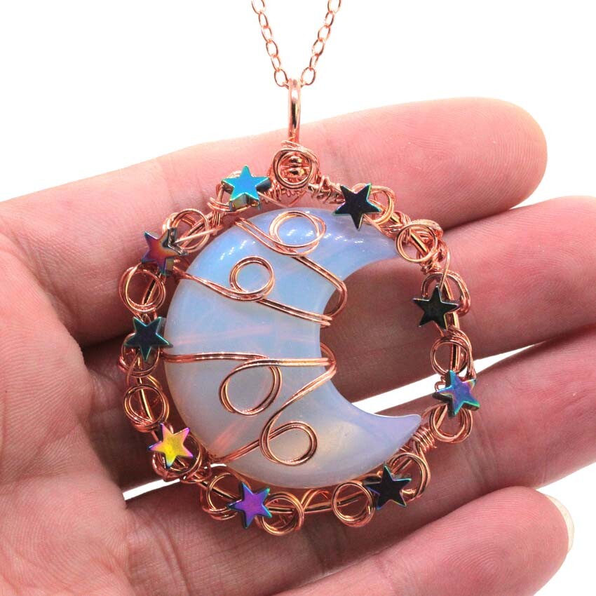 Natural Crystal Moon Star Stone Pendant Wire Wrap Healing Reiki Quartz ...
