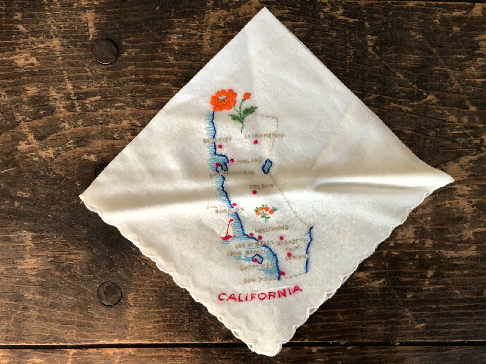 Vintage California State Map Hanky Handkerchief Embro… - Gem