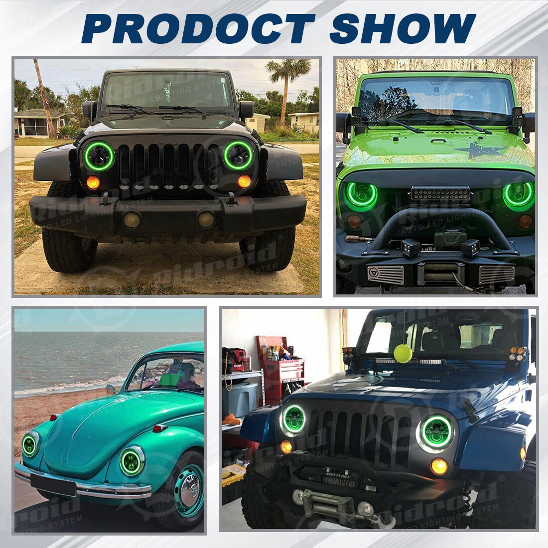 Green Halo 7" LED Headlights Hi/Lo For VW Beetle Bug 1967-79 Super ...