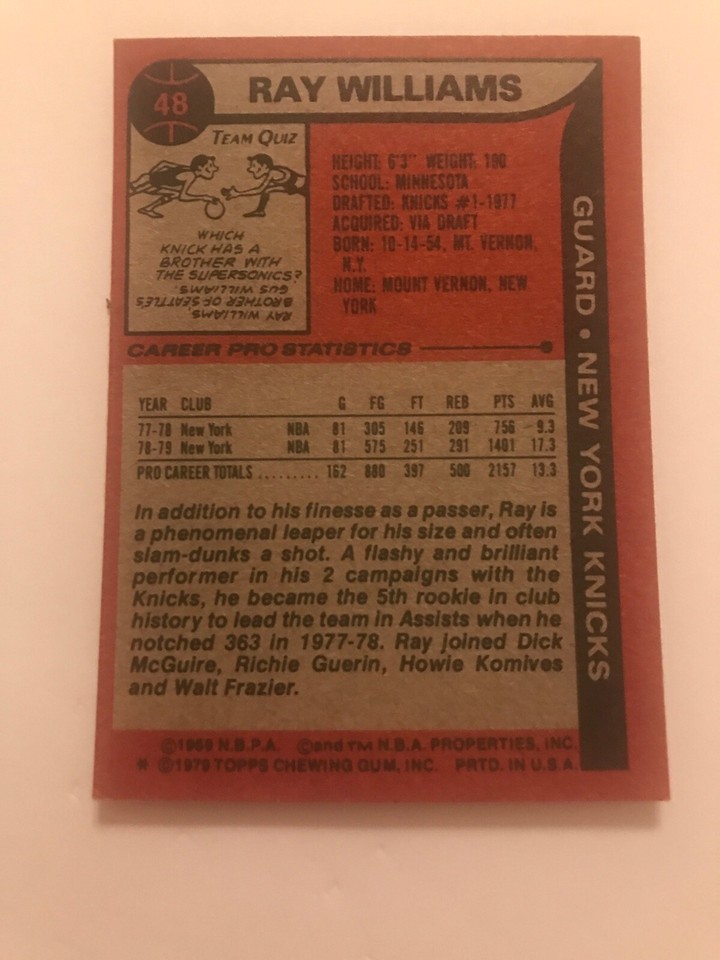 1978 1979 Topps Ray Williams New York Knicks Free Shipping | eBay