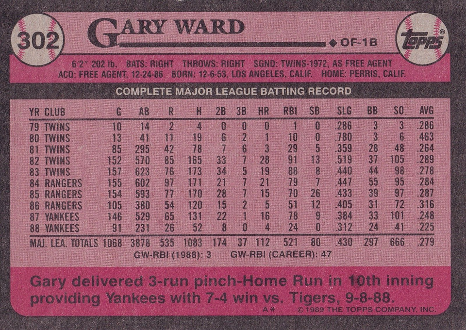 1989 Topps #302 Gary Ward MLB New York Yankees + (Yes 4 Free Mystery ...
