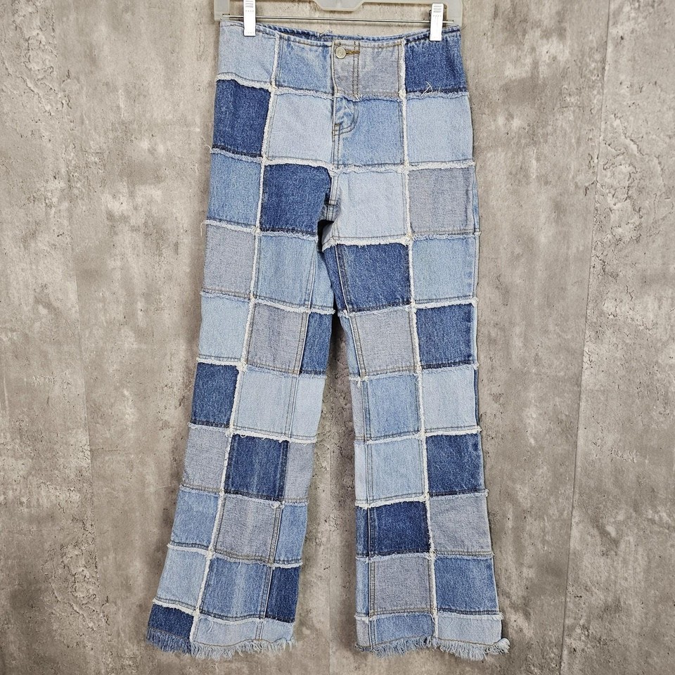Vintage Y2K Boundaries Patchwork Denim Jeans Womens 26x29 Flare Raw Hem ...