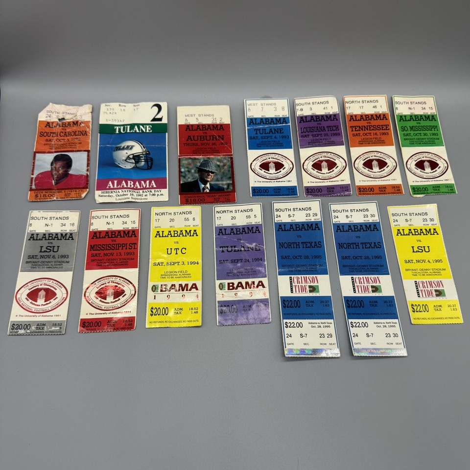 ALABAMA TICKET LOT (29) 1988-1995 CRIMSON TIDE FOOTBALL TICKET STUBS ...