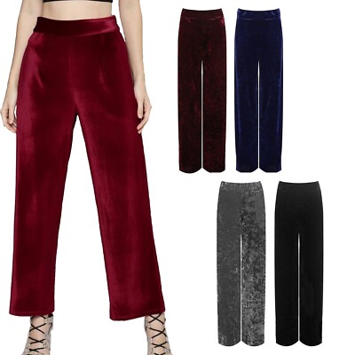 Womens Plain Velour Velvet Pocket Wide Leg Palazzo Trousers Ladies ...