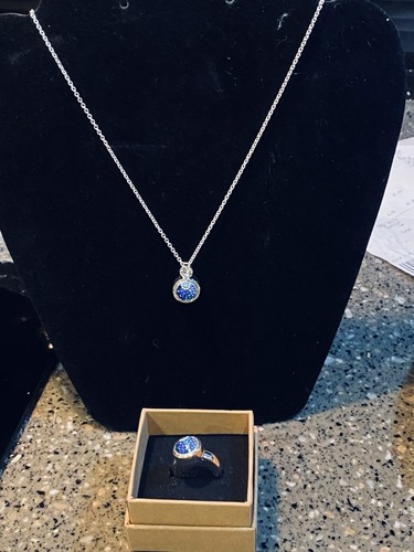 Style Dots 2 Piece Set Silver Necklace And Ring Size 7 With Blue ...