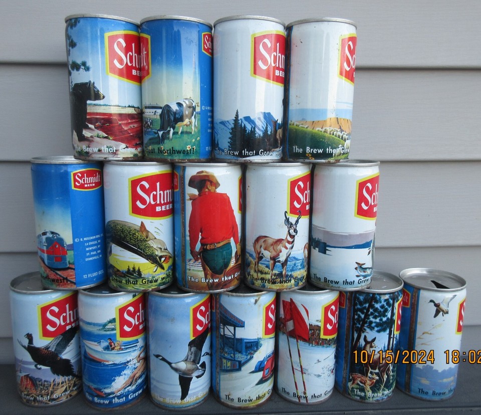 Vintage Schmidt Beer Cans Lot Wildlife Scenes Snowmobile Race Car Fish ...