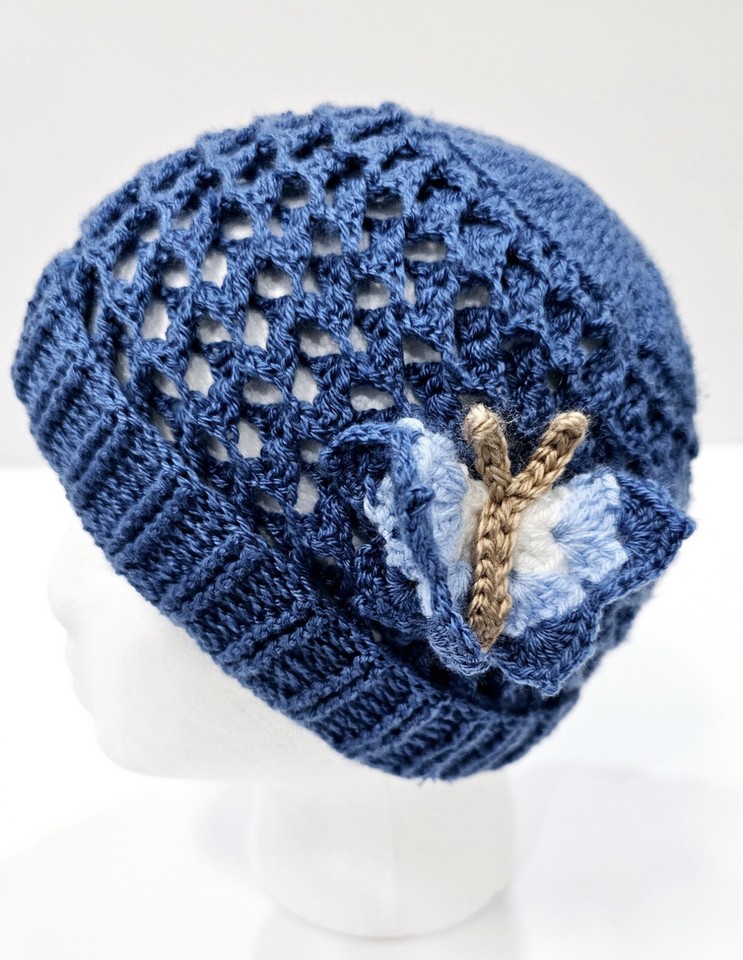 Blue Crochet Hat with Butterfly for girls/ Knitted Beanie/ Butterfly ...