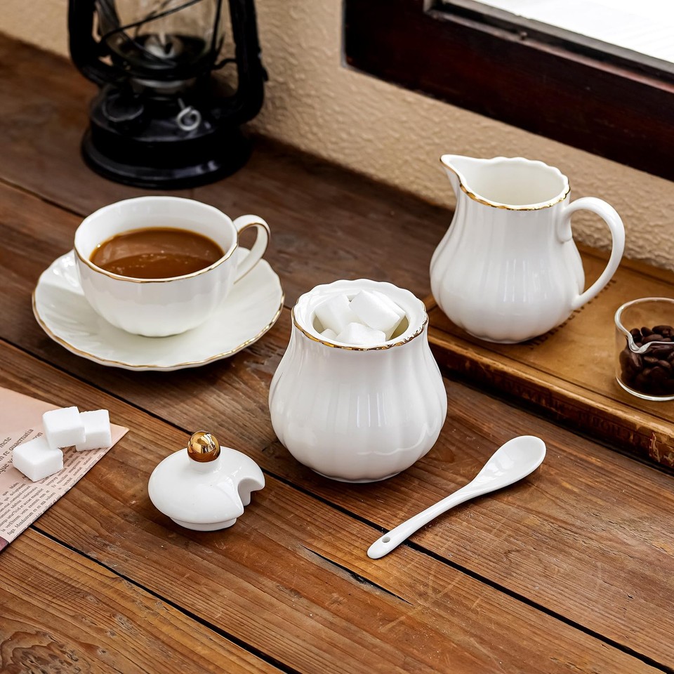 Ceramic Sugar and Creamer Set 3 Piece with Cream Pitcher Sugar Bowl ...