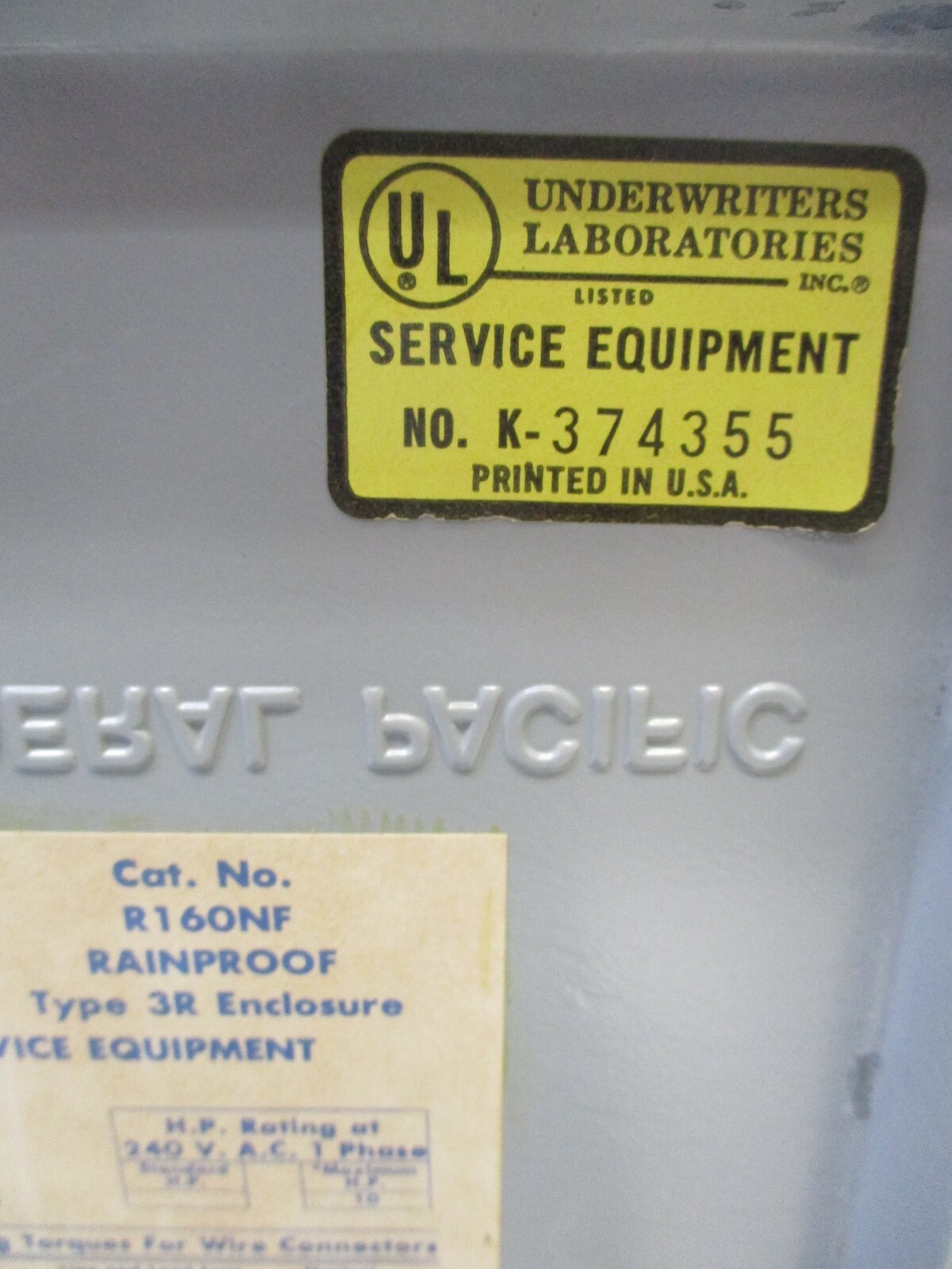 FEDERAL PACIFIC SERVICE DISCONNECT, CAT# R160NF, TYPE 3R ENCLOSURE ...