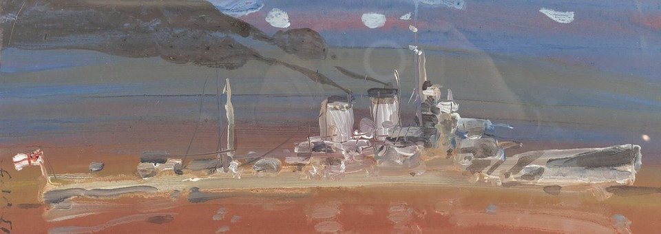 Signed ROBERT ANDREW PARKER Gouche Illustration British Destroyer HMS ...