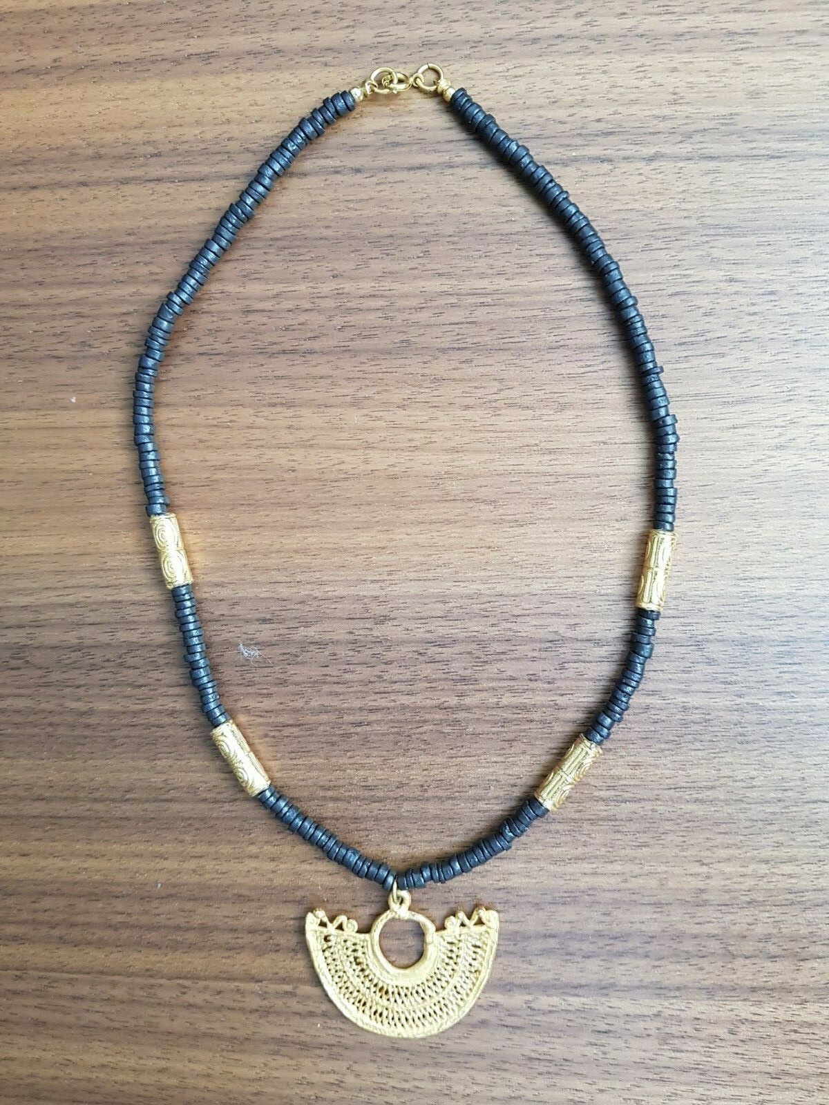 Inca-inspired necklace, stone beads bitter-chocolate color, gold toned ...