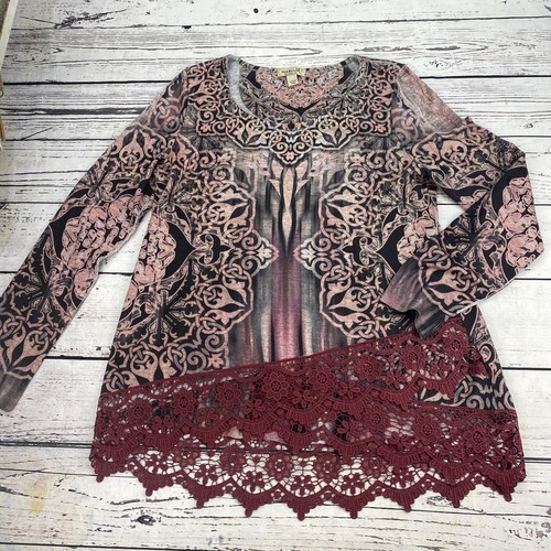 One World Shirt Womens Small Medallions Pink Black Lace Hem Peasant ...