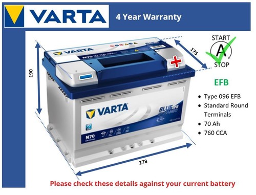 Genuine Varta N70 EFB Car Battery Type 096 70Ah 760CCA Stop Start ...