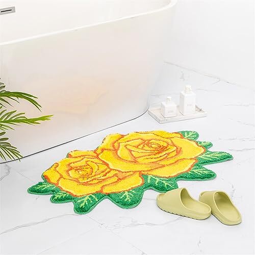Yellow Rose Bathroom Rugs Cute Flower Shaped Bath Mat Green Leaf Decor ...