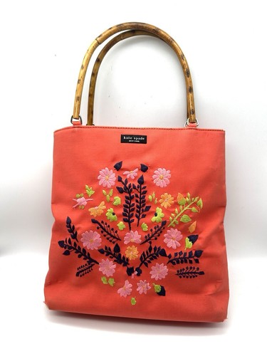 Vintage Y2K Kate Spade Embroidered Purse Bamboo Handles Tote Bag USA ...