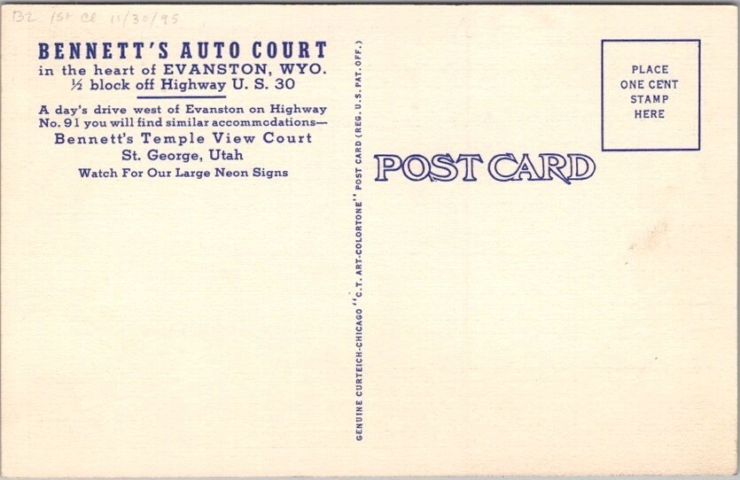 Evanston, Wyoming Postcard BENNETT'S AUTO COURT Highway 30 Roadside ...