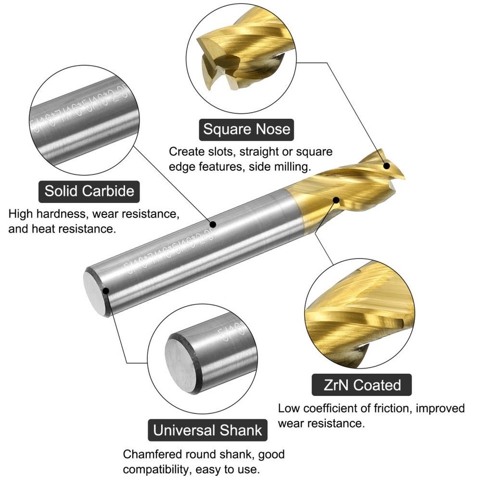 Carbide Square End Mill 5/16" Dia ZrN Coated 3 Flutes Bit 5/16" Shank 2 ...