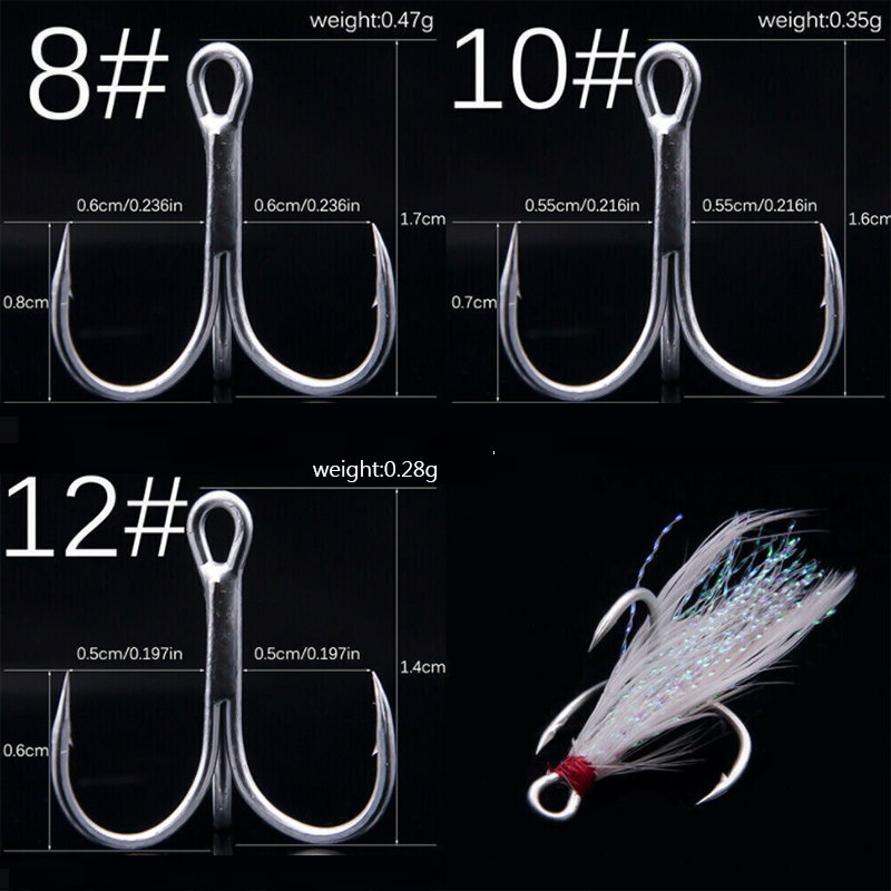 50 Pack Treble Hooks With Feathers 4# 6# 8# 10# 12# Fishing Hooks | eBay