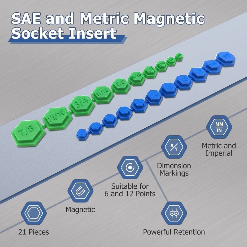 21pcs SAE and Metric Magnetic Socket Inserts Holds Nut & Bolt Tool Set ...