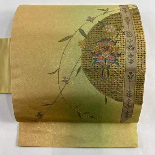 Japanese Kimono Silk Nagoya Obi Yellow Flowers Gold-Silver Embroidery ...
