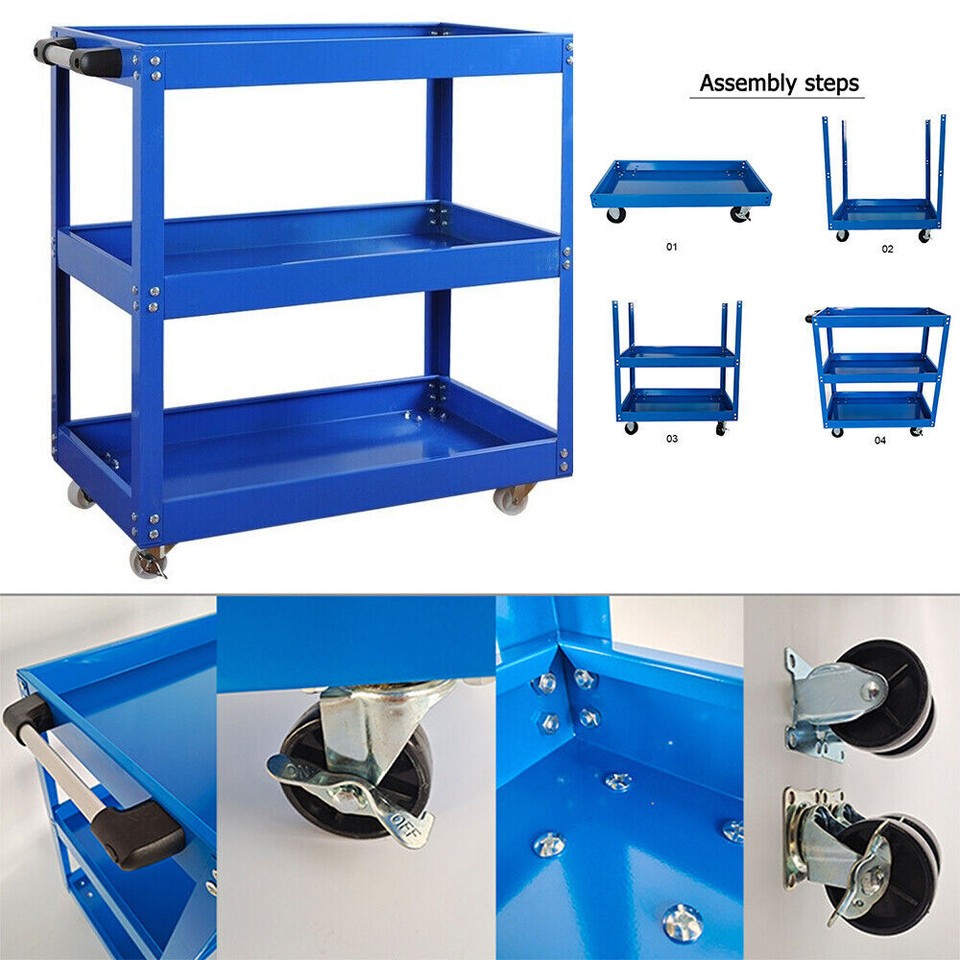3 Tier Tool Storage Heavy Duty Garage Trolley Workshop DIY Wheel Cart ...