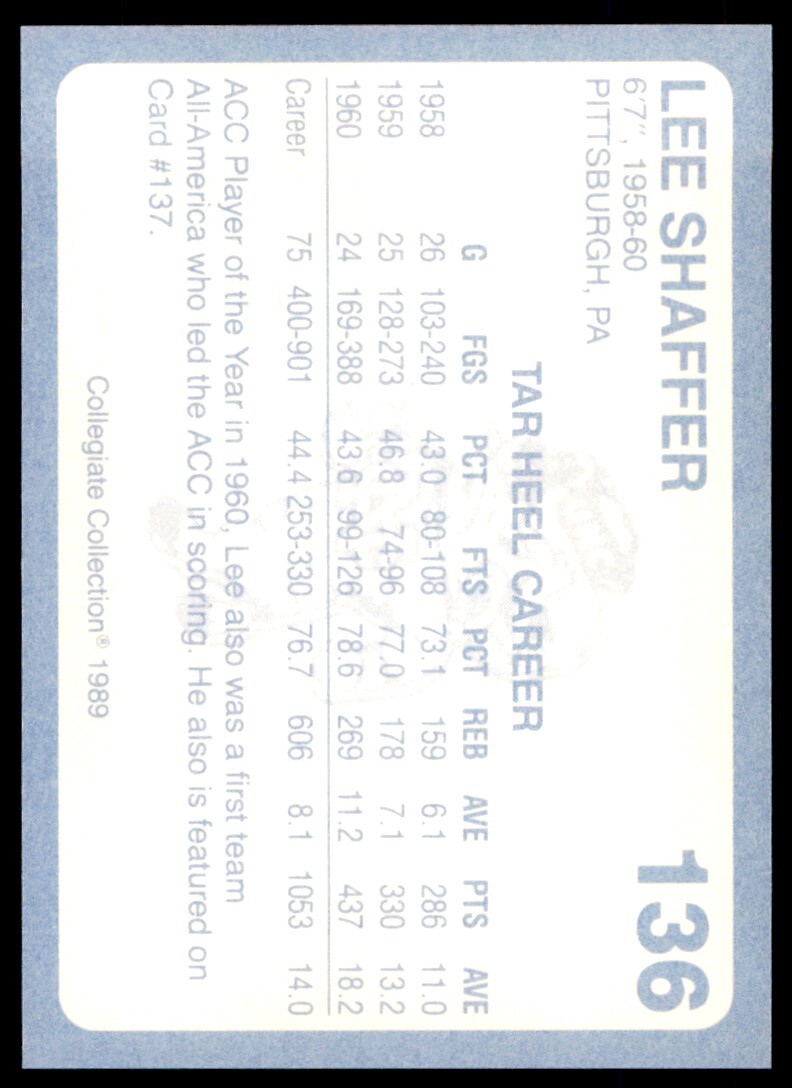 1989-90 Collegiate Collection Lee Shaffer North Carolina Tar Heels #136 ...