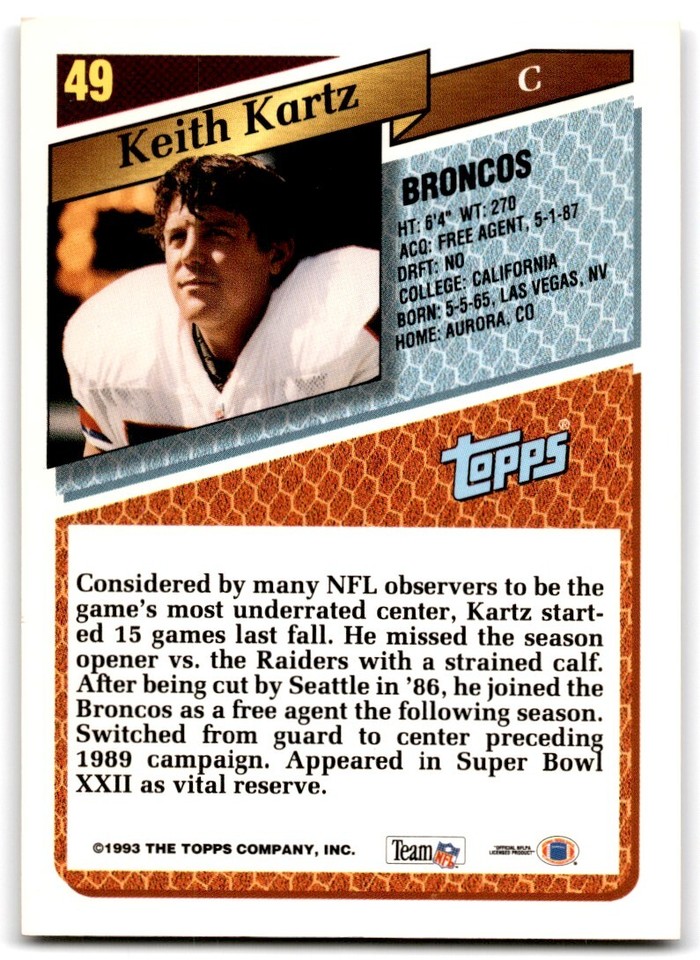 1993 Topps Keith Kartz Denver Broncos #49 | eBay